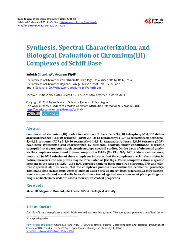 (PDF) Synthesis, Spectral Characterization and Biological Evaluation of Chromium(III) Complexes ...