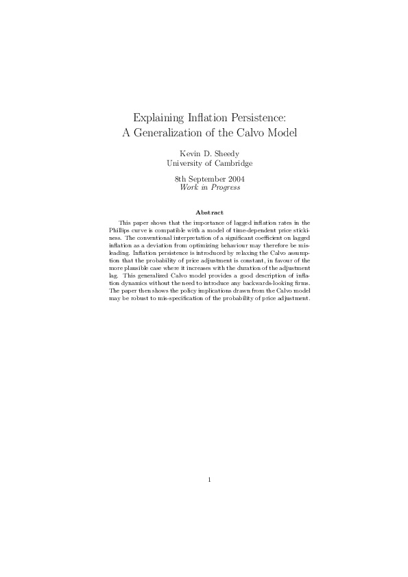 (PDF) Explaining Inflation Persistence: A Generalization of the Calvo Model