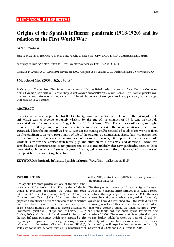 (PDF) Origins of the Spanish Influenza pandemic (1918-1920) and its ...