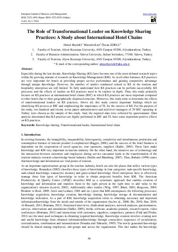 (PDF) The Role of Transformational Leader on Knowledge Sharing Practices: A Study about ...