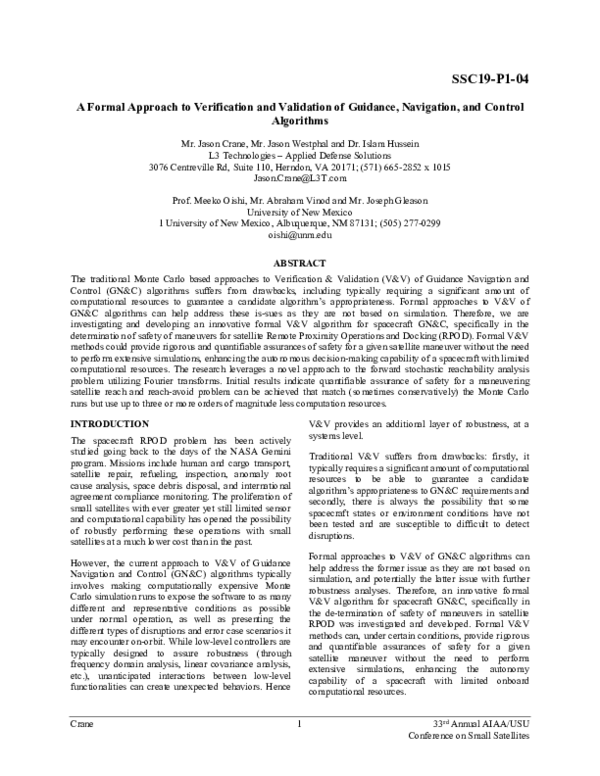 Pdf A Formal Approach To Verification And Validation Of Guidance Navigation And Control