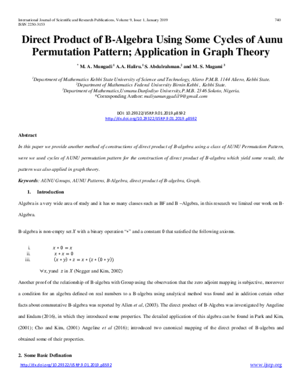 (PDF) Direct Product of B-Algebra Using Some Cycles of Aunu Permutation Pattern; Application in ...