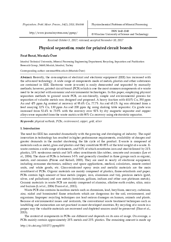 (PDF) Physical separation route for printed circuit boards