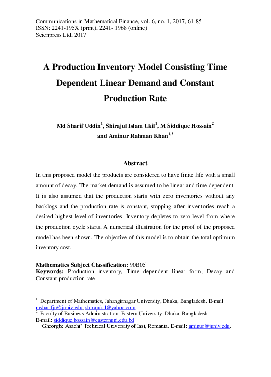 Pdf A Production Inventory Model Consisting Time Dependent Linear Demand And Constant
