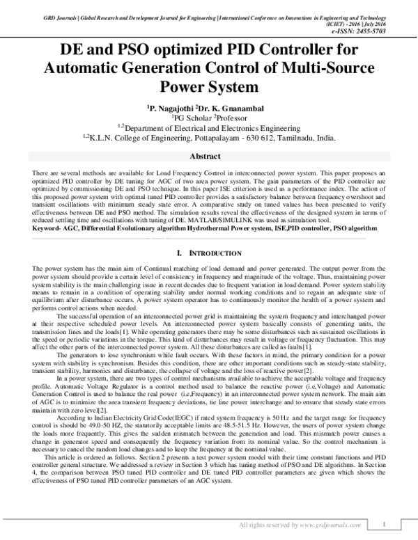 Pdf De And Pso Optimized Pid Controller For Automatic Generation Control Of Multi Source Power