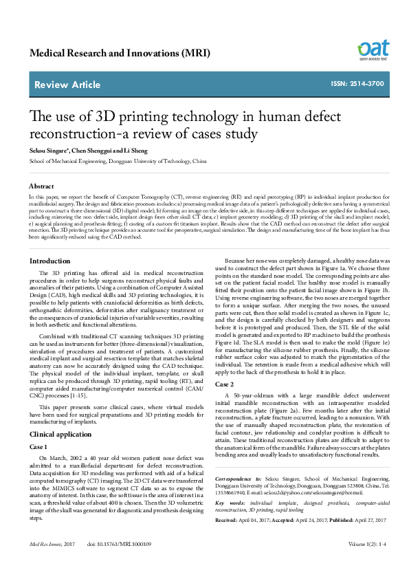 The use of 3D printing technology in human defect reconstruction-a ...