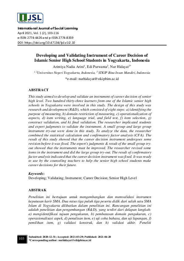 (PDF) Developing and Validating Instrument of Career Decision of Islamic Senior High School ...