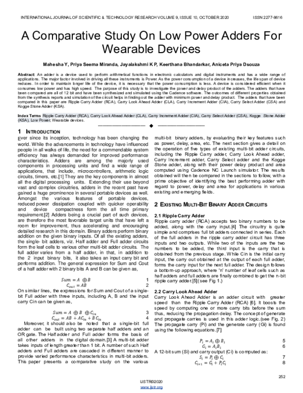 (PDF) A Comparative Study On Low Power Adders For Wearable Devices