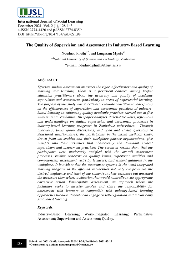 (PDF) The Quality of Supervision and Assessment in Industry-Based Learning