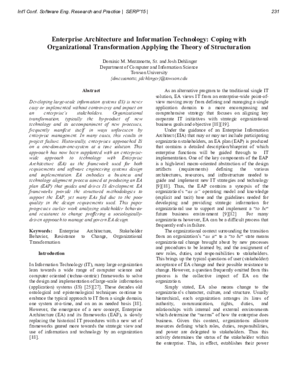 (PDF) Enterprise Architecture and Information Technology : Coping with Organizational ...