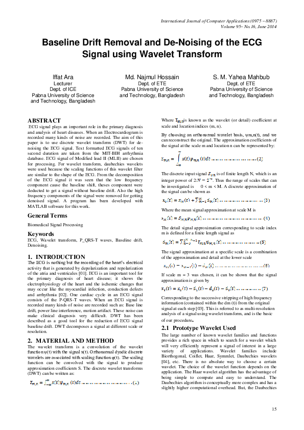 Pdf Baseline Drift Removal And De Noising Of The Ecg Signal Using Wavelet Transform 