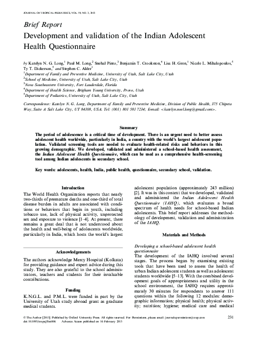 (PDF) Development and validation of the Indian Adolescent Health ...