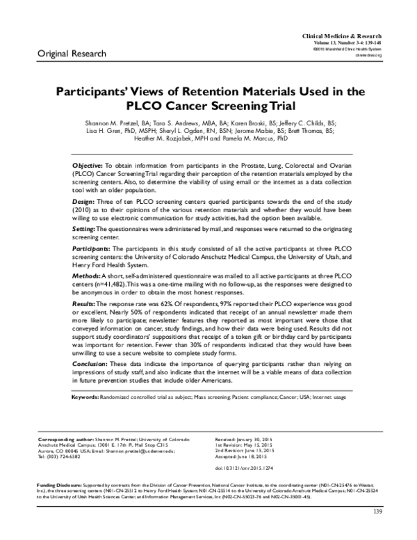 (PDF) Participants' Views of Retention Materials Used in the PLCO ...