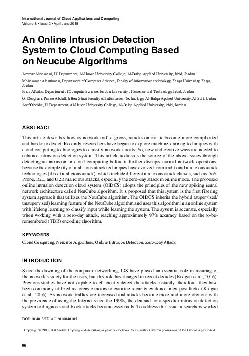 Pdf An Online Intrusion Detection System To Cloud Computing Based On Neucube Algorithms