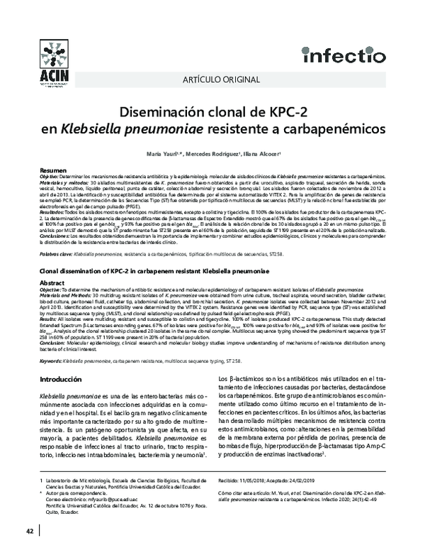 (PDF) Diseminación clonal de KPC-2 en Klebsiella pneumoniae resistente a carbapenémicos