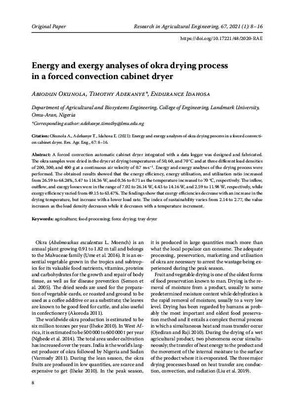 (PDF) Energy and exergy analyses of okra drying process in a forced ...