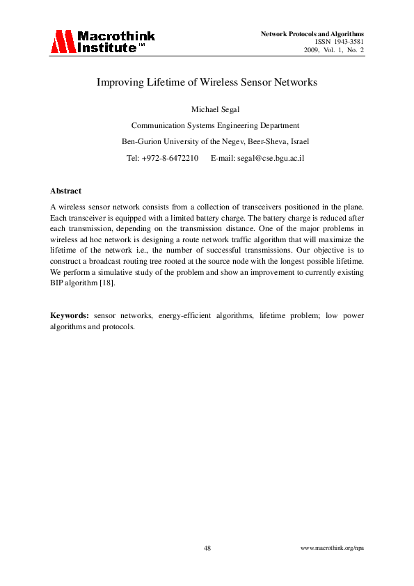 (PDF) Improving lifetime of wireless sensor networks,” Network Protocols and Algorithms