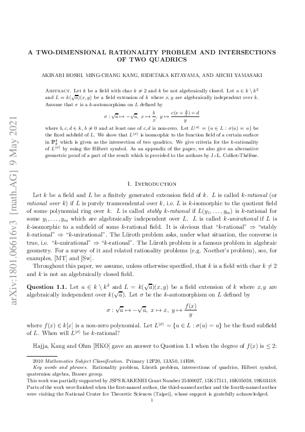 Pdf A Two Dimensional Rationality Problem And Intersections Of Two