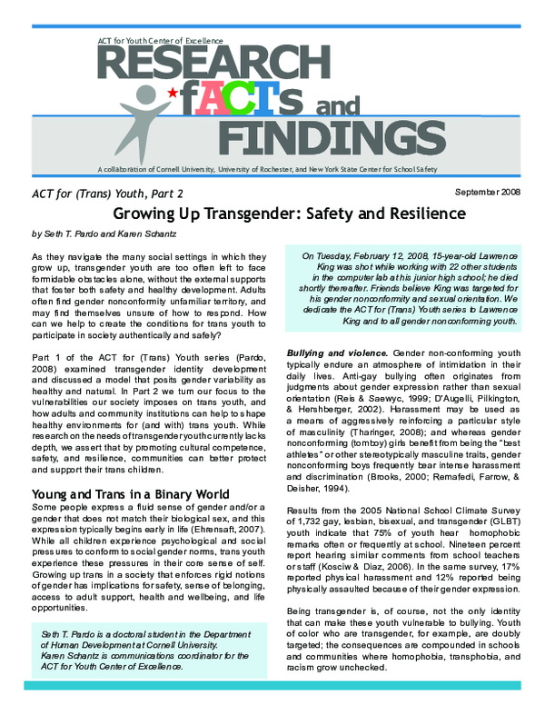 (PDF) ACT for (Trans) Youth, Part 2 Growing Up Transgender: Safety and ...