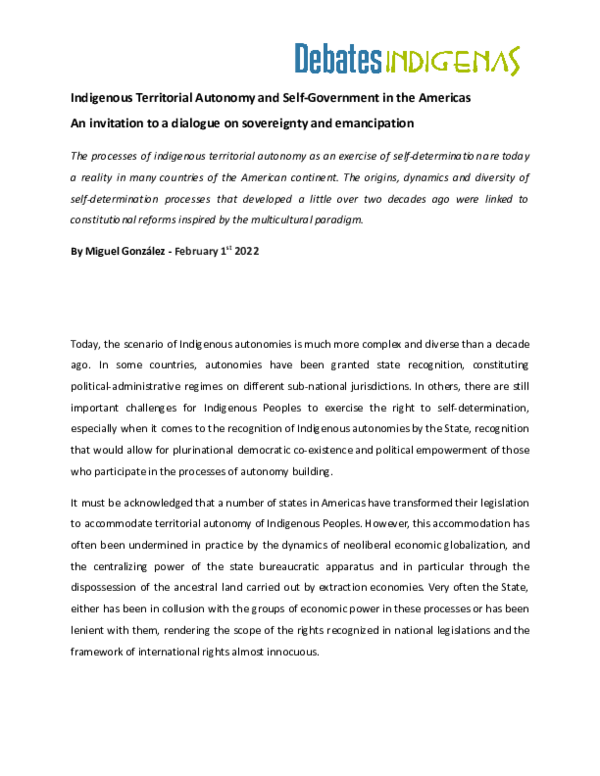(PDF) Indigenous Territorial Autonomy and Self Government in the Americas