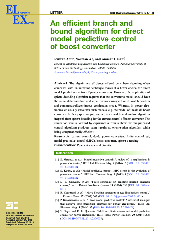 (PDF) An efficient branch and bound algorithm for direct model predictive control of boost converter