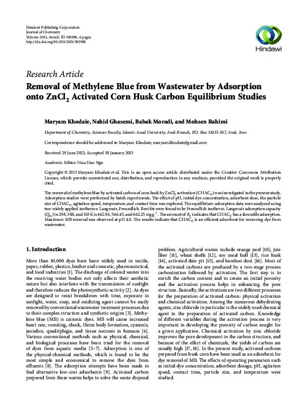 (PDF) Removal of Methylene Blue from Wastewater by Adsorption