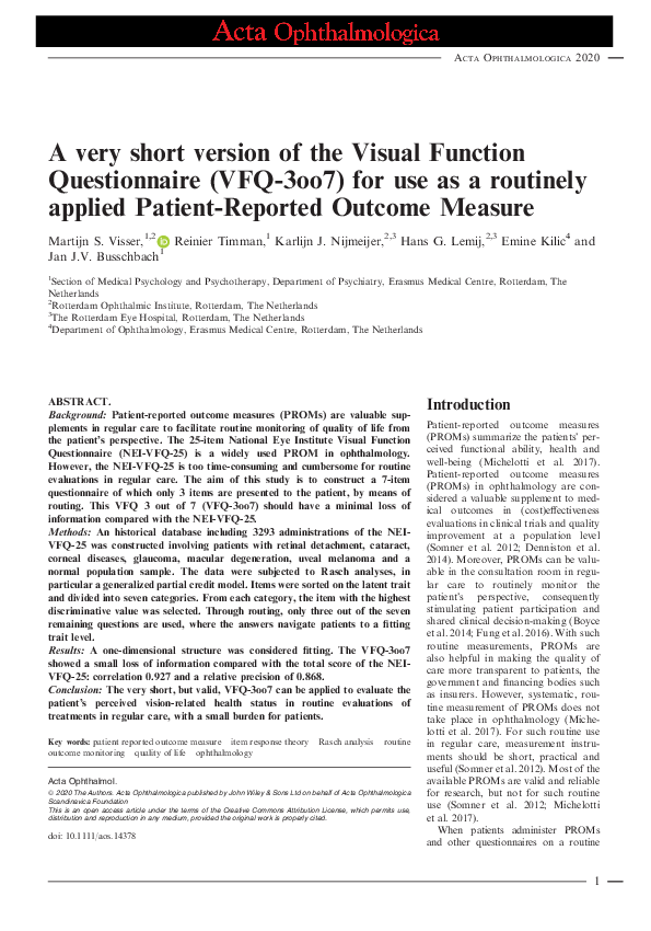 (PDF) A very short version of the Visual Function Questionnaire (VFQ ...