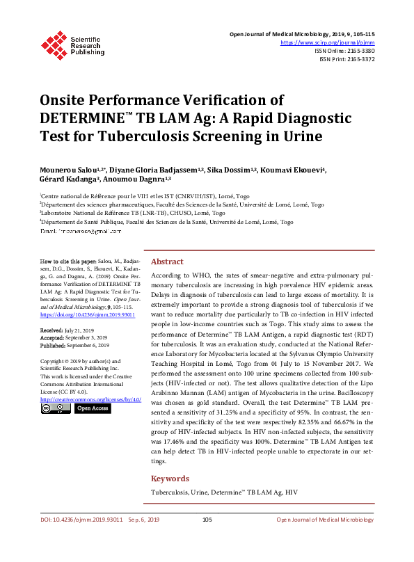 (PDF) Onsite Performance Verification of DETERMINE™ TB LAM Ag: A Rapid ...