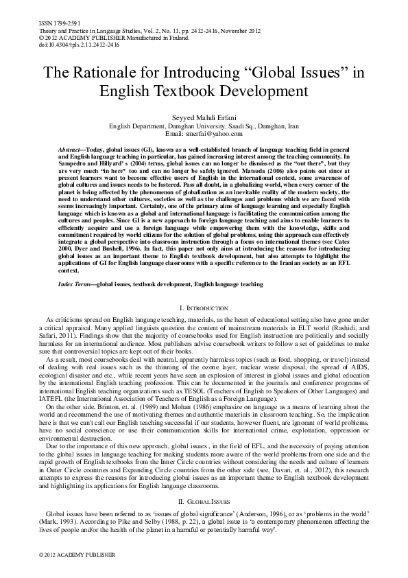 (PDF) The Rationale for Introducing “Global Issues” in English Textbook Development