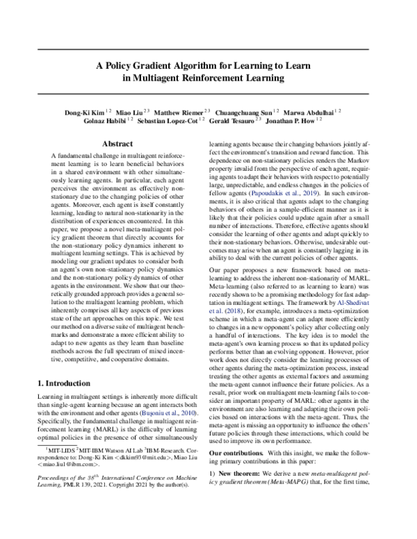Pdf A Policy Gradient Algorithm For Learning To Learn In Multiagent Reinforcement Learning