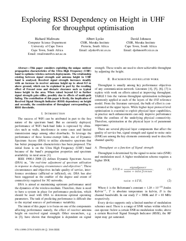 (PDF) Exploring RSSI dependency on height in UHF for throughput optimization