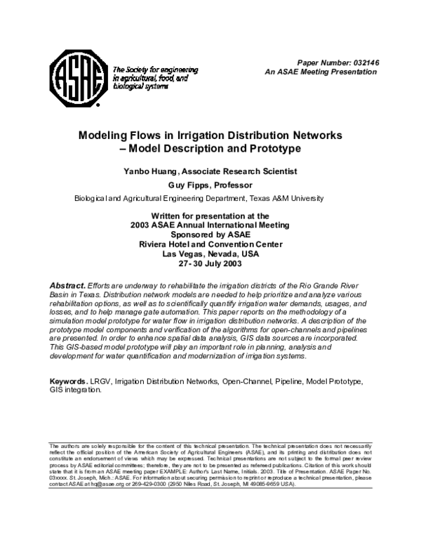 (PDF) Modeling Flows in Irrigation Distribution Networks - Model ...