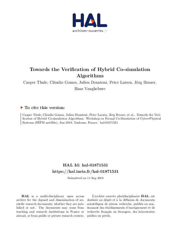 Pdf Towards The Verification Of Hybrid Co Simulation Algorithms