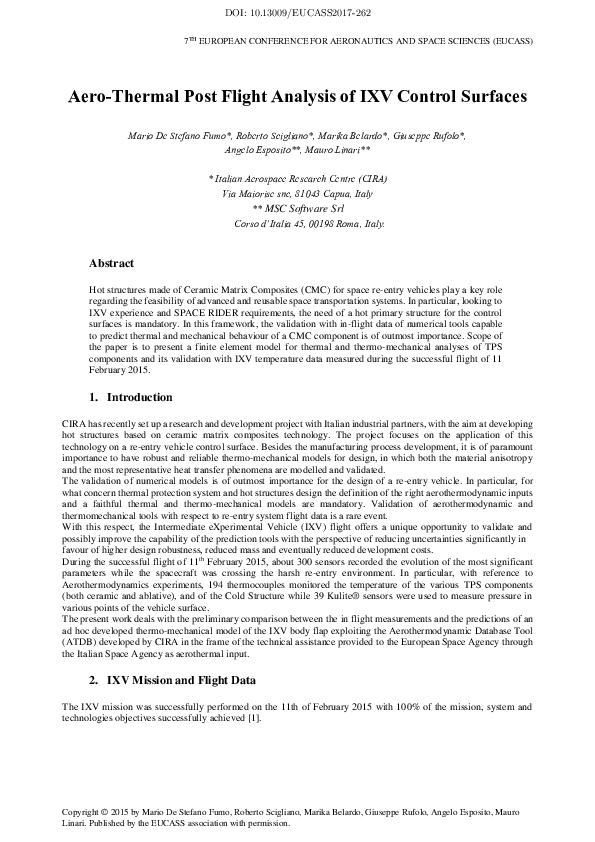 (PDF) Aero-Thermal Post Flight Analysis of IXV Control Surfaces