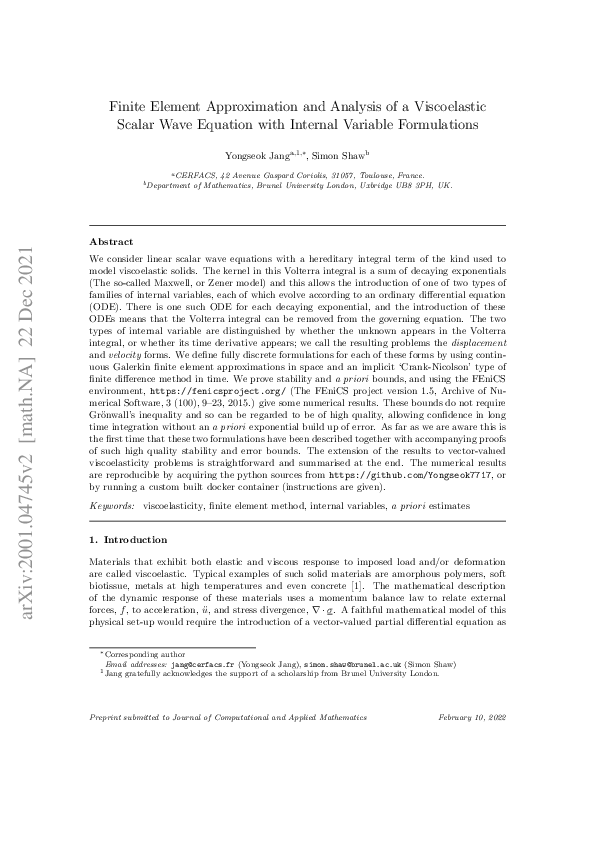(PDF) Finite Element Approximation and Analysis of Viscoelastic Wave Propagation with Internal ...