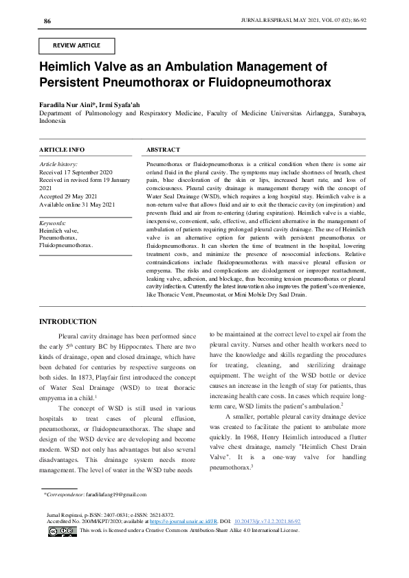 (PDF) Heimlich Valve as an Ambulation Management of Persistent ...