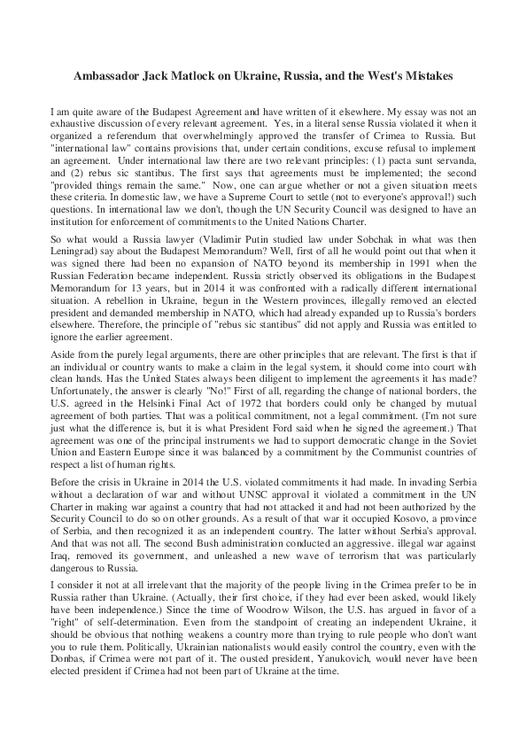 (PDF) AMBASSADOR JACK MATLOCK ON UKRAINE, RUSSIA, AND THE WEST'S MISTAKES