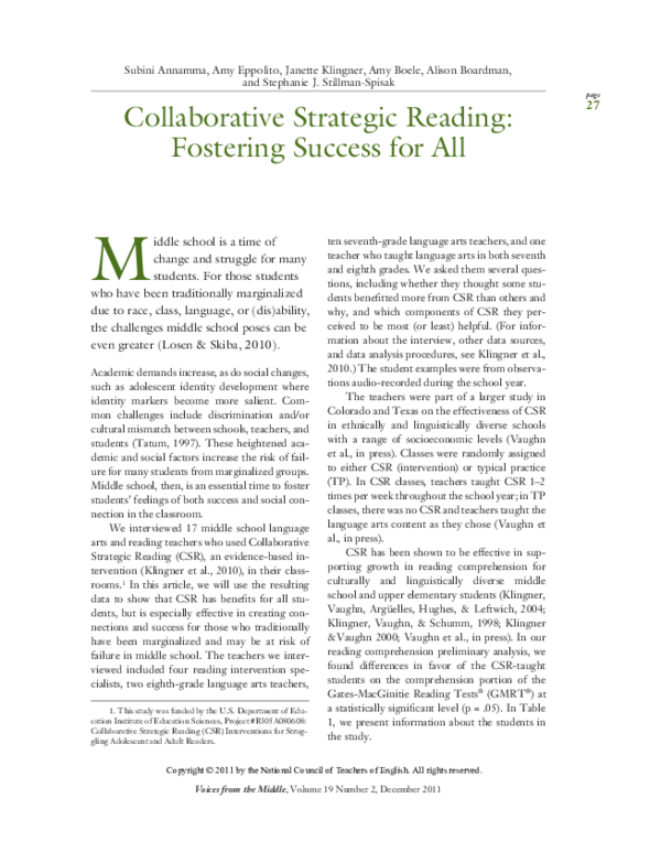 (PDF) Collaborative Strategic Reading: Fostering Success for All