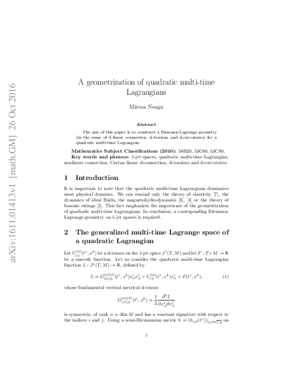 (PDF) A geometrization of quadratic multi-time Lagrangians | Mircea ...