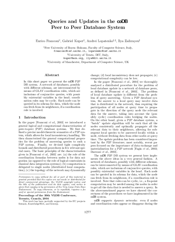 Pdf Queries And Updates In The Peer To Peer Database System