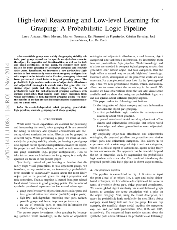 (PDF) 1High-level Reasoning and Low-level Learning for Grasping: A Probabilistic Logic Pipeline