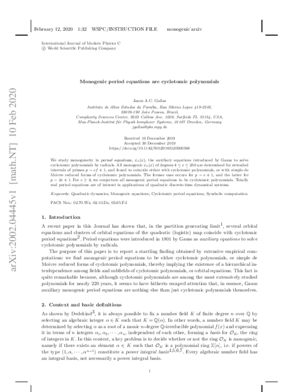 (PDF) Monogenic period equations are cyclotomic polynomials