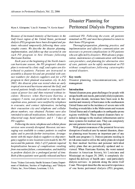 (PDF) Disaster planning for peritoneal dialysis programs | Myra Kleinpeter - Academia.edu