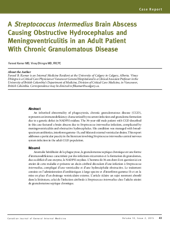(PDF) A Streptococcus Intermedius Brain Abscess Causing Obstructive Hydrocephalus and ...
