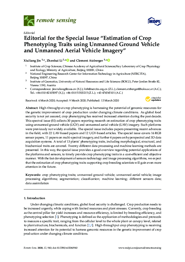 Pdf Editorial For The Special Issue Estimation Of Crop Phenotyping Traits Using Unmanned