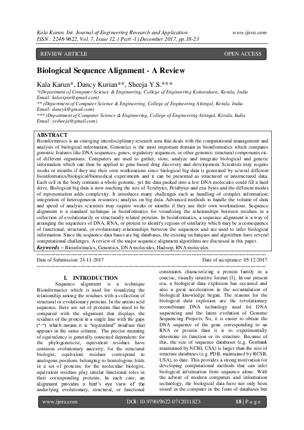Pdf Biological Sequence Alignment A Review 2712