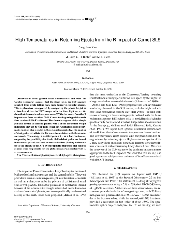 (PDF) High Temperatures in Returning Ejecta from the R Impact of Comet ...