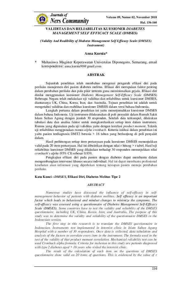 (PDF) Validitas Dan Reliabilitas Kuesioner Diabetes Management Self ...