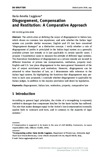 (PDF) Disgorgement, Compensation and Restitution: A Comparative Approach