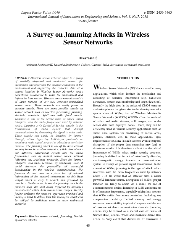 Pdf A Survey On Jamming Attacks In Wireless Sensor Networks